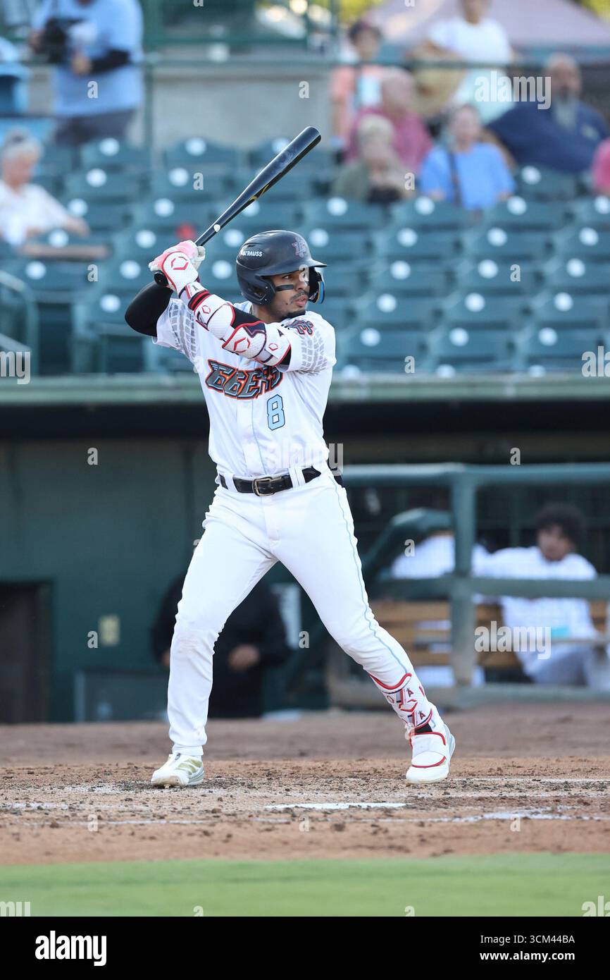Harold Coll (8) of the Inland Empire 66ers bats against the Lake ...