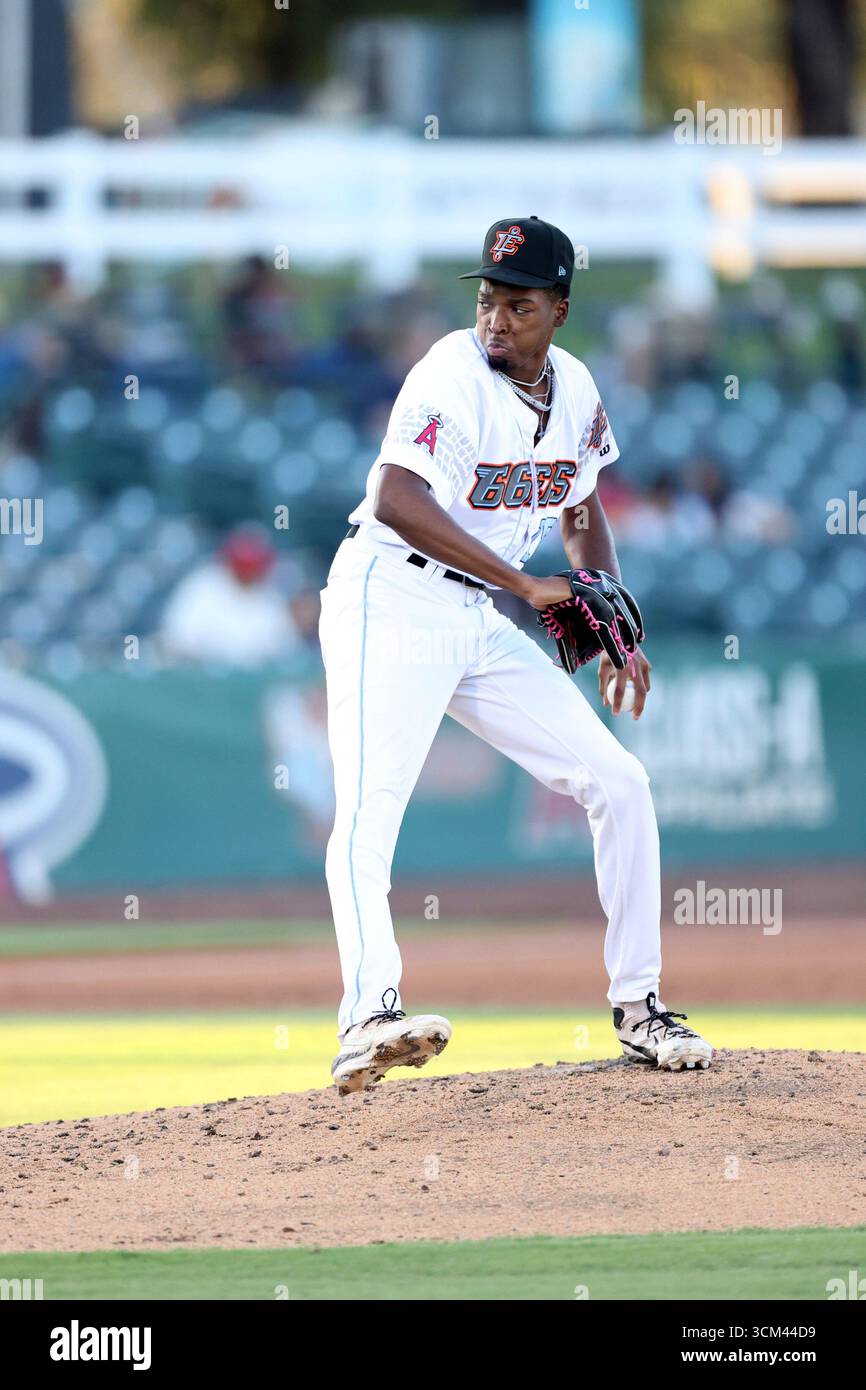 Alton Davis ll (18) of the Inland Empire 66ers pitches against the Lake ...