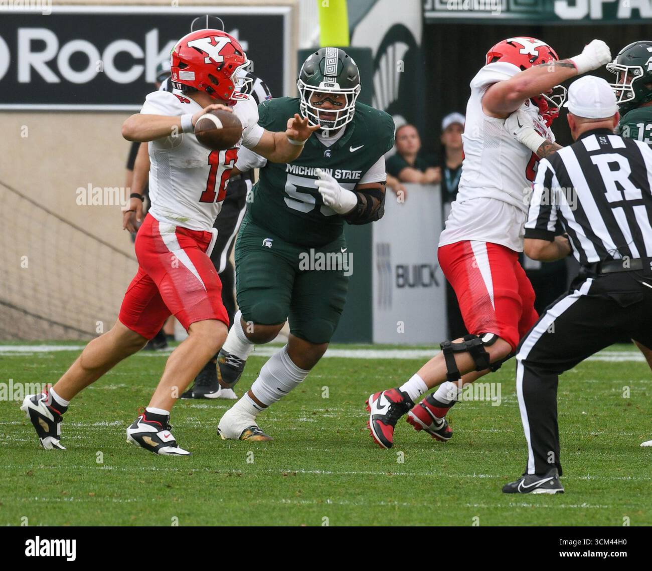 September 13, 2025: Youngstown State Penguins quarterback Beau Brungard (12) drops back to pass ...