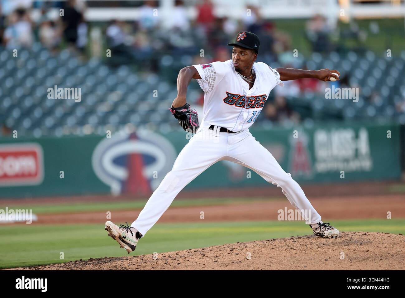 Alton Davis ll (18) of the Inland Empire 66ers pitches against the Lake ...