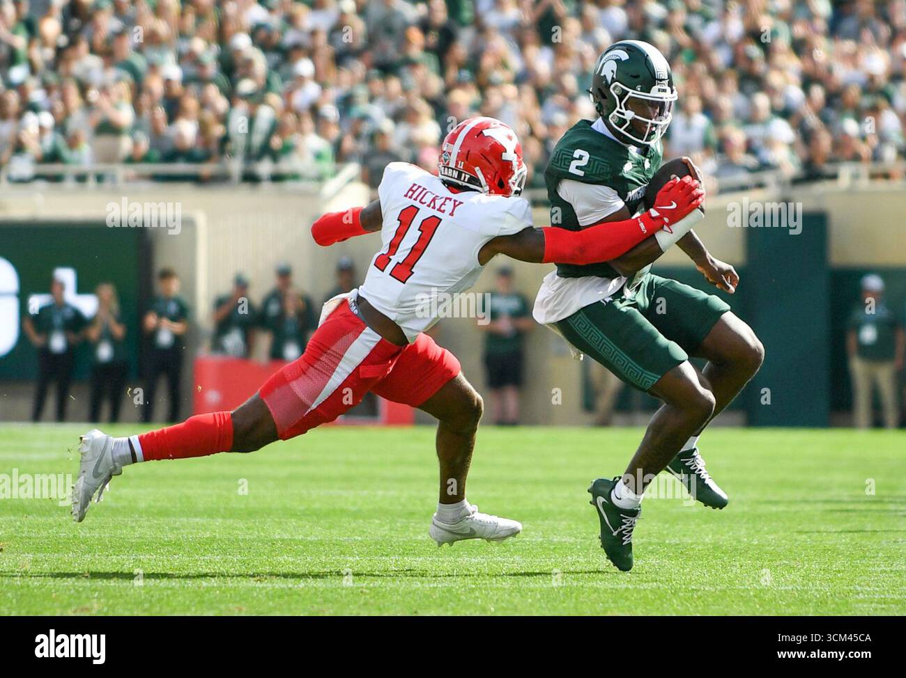 September 13, 2025: Michigan State quarterback Aidan Chiles (2) rushes for positive yards as the ...