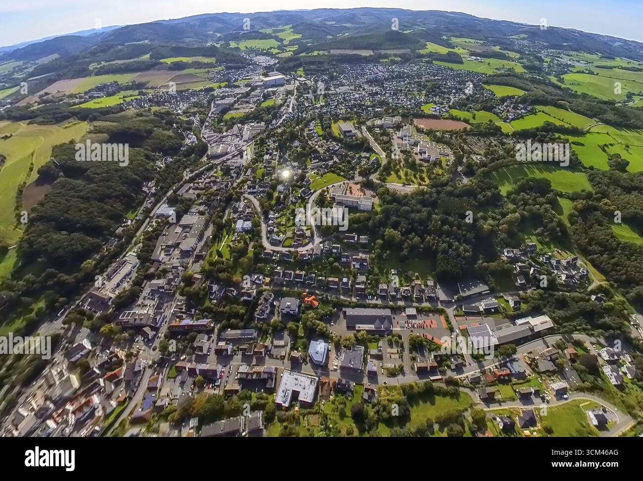 Aerial photo, school hill with sports field Hoher Weg, school centre ...