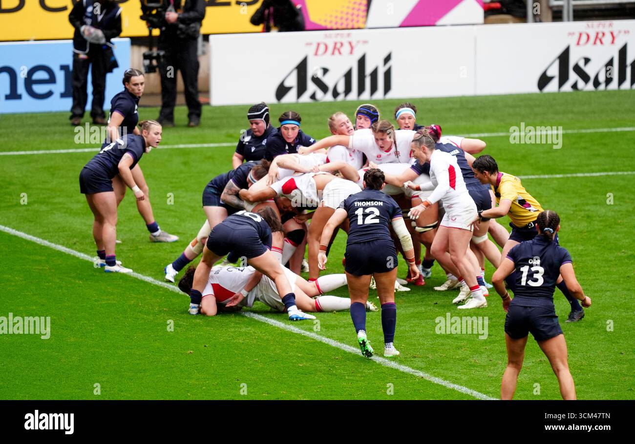 England's Amy Cokayne scores a try during the Women's Rugby World Cup ...
