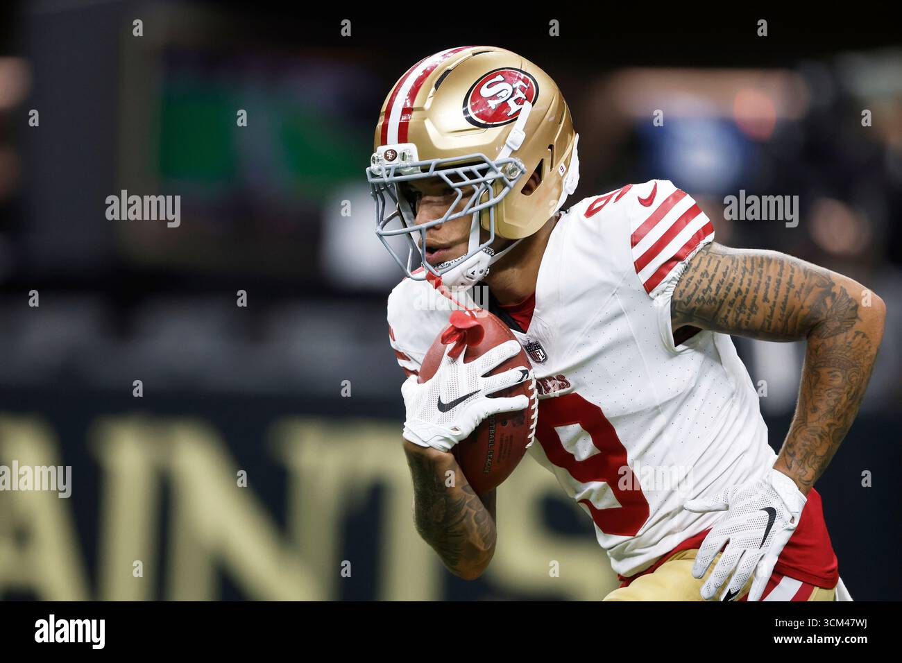 San Francisco 49ers wide receiver Skyy Moore warms up before an NFL ...