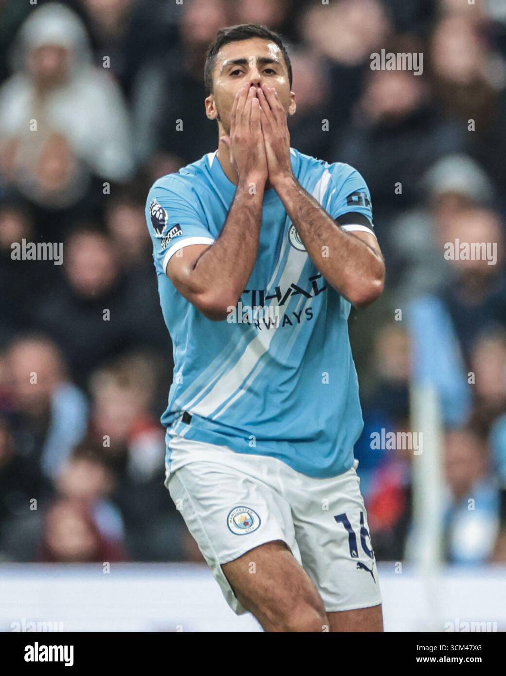 Rodrigo of Manchester City reacts during the Premier League match ...