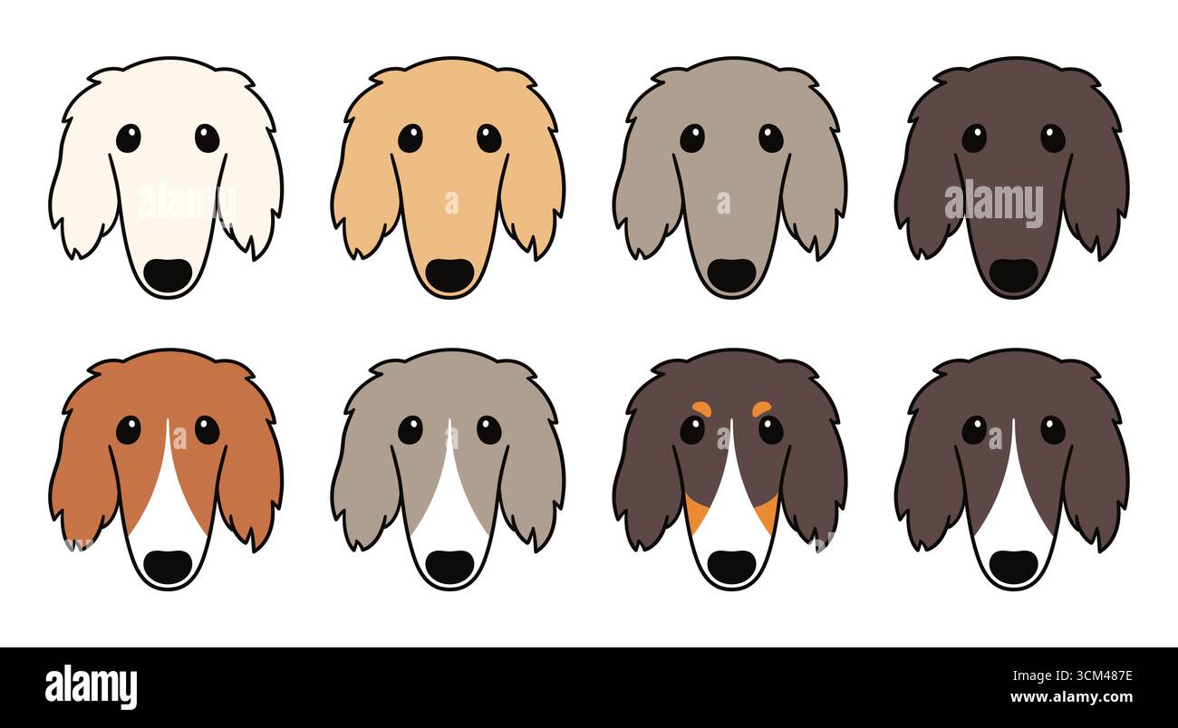 Cute cartoon Borzoi colors and patterns set. Dog breed face markings ...
