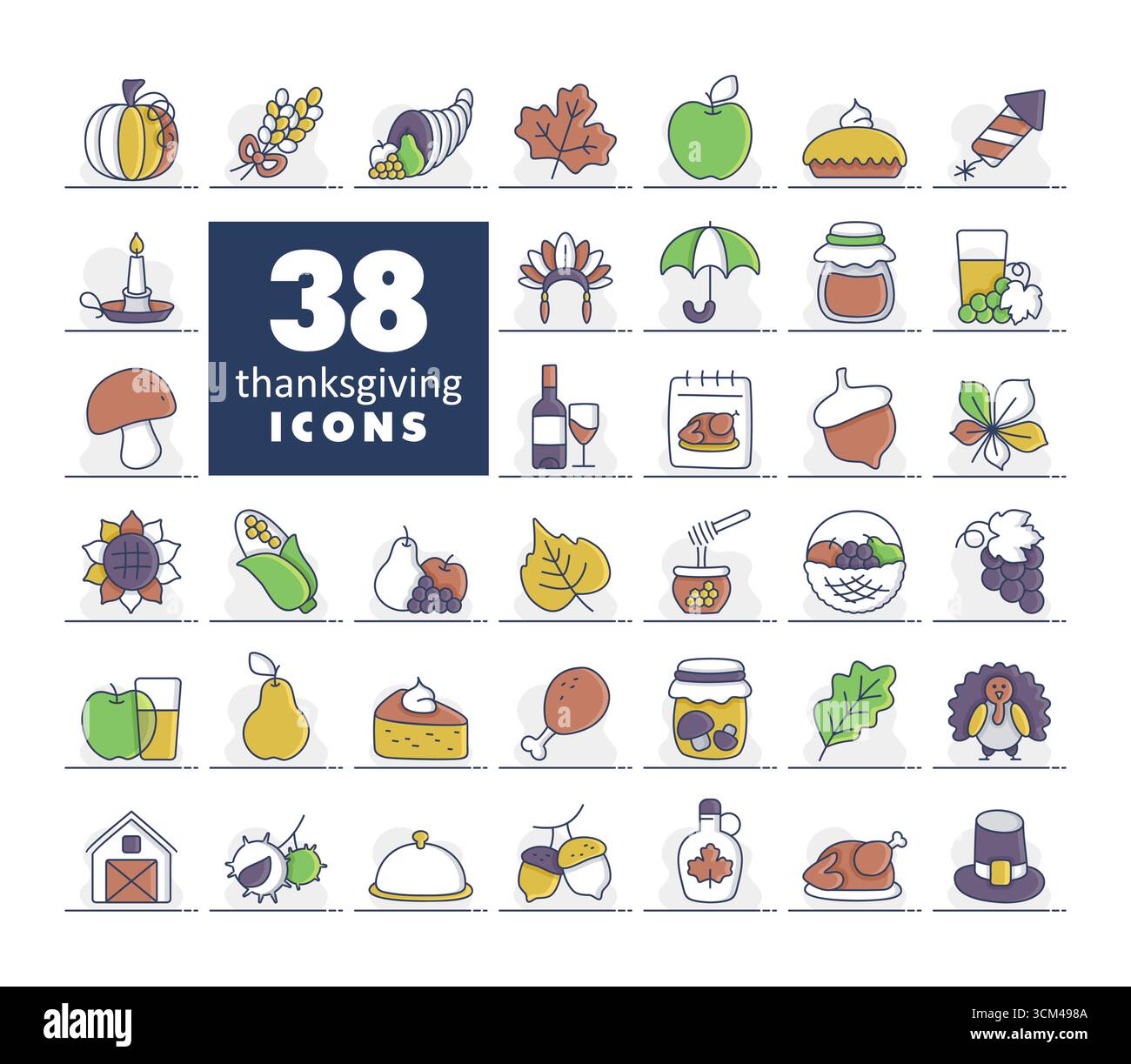 A comprehensive collection of 38 line art icons for Thanksgiving and ...