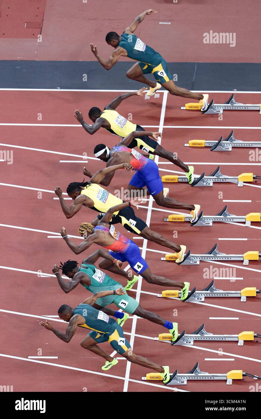 Sprinters start in the men's 100-meter final at the World Athletics ...