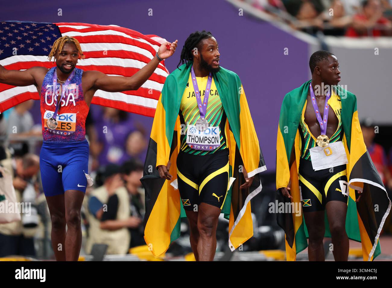 (L to R) Noah LYLES (USA), Kishane THOMPSON (JAM), Oblique SEVILLE (JAM ...