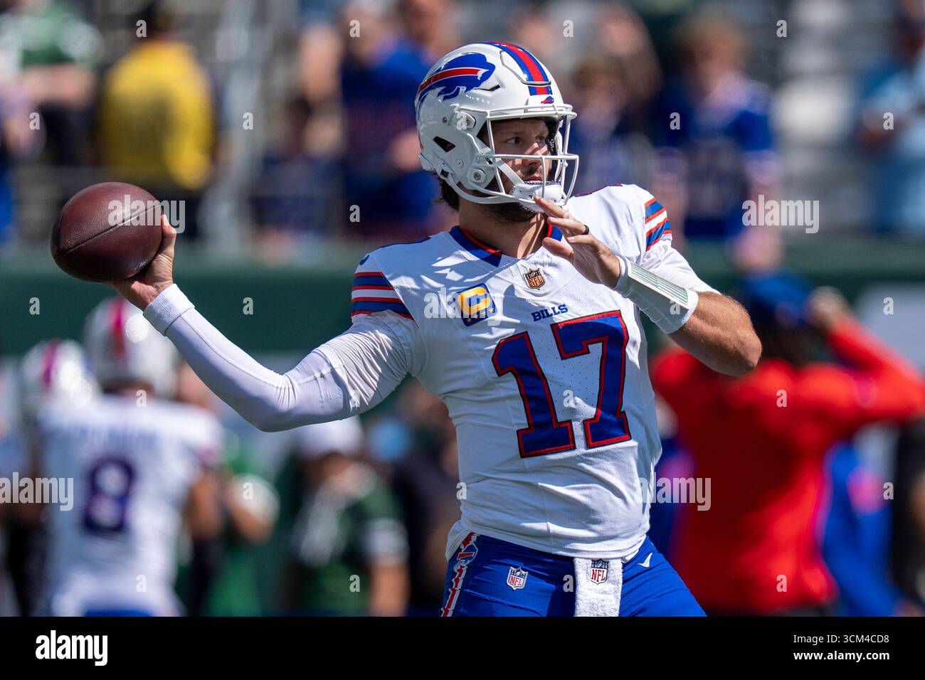 Bufalo Bills quarterback Josh Allen (17) throws the ball during warm ...