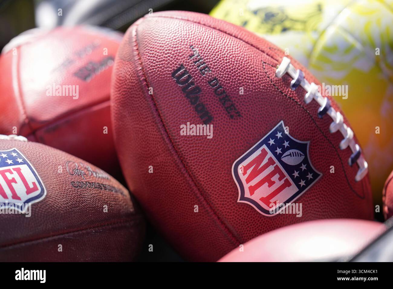 Mega balls are seen on the Pittsburgh Steelers sideline before an NFL ...