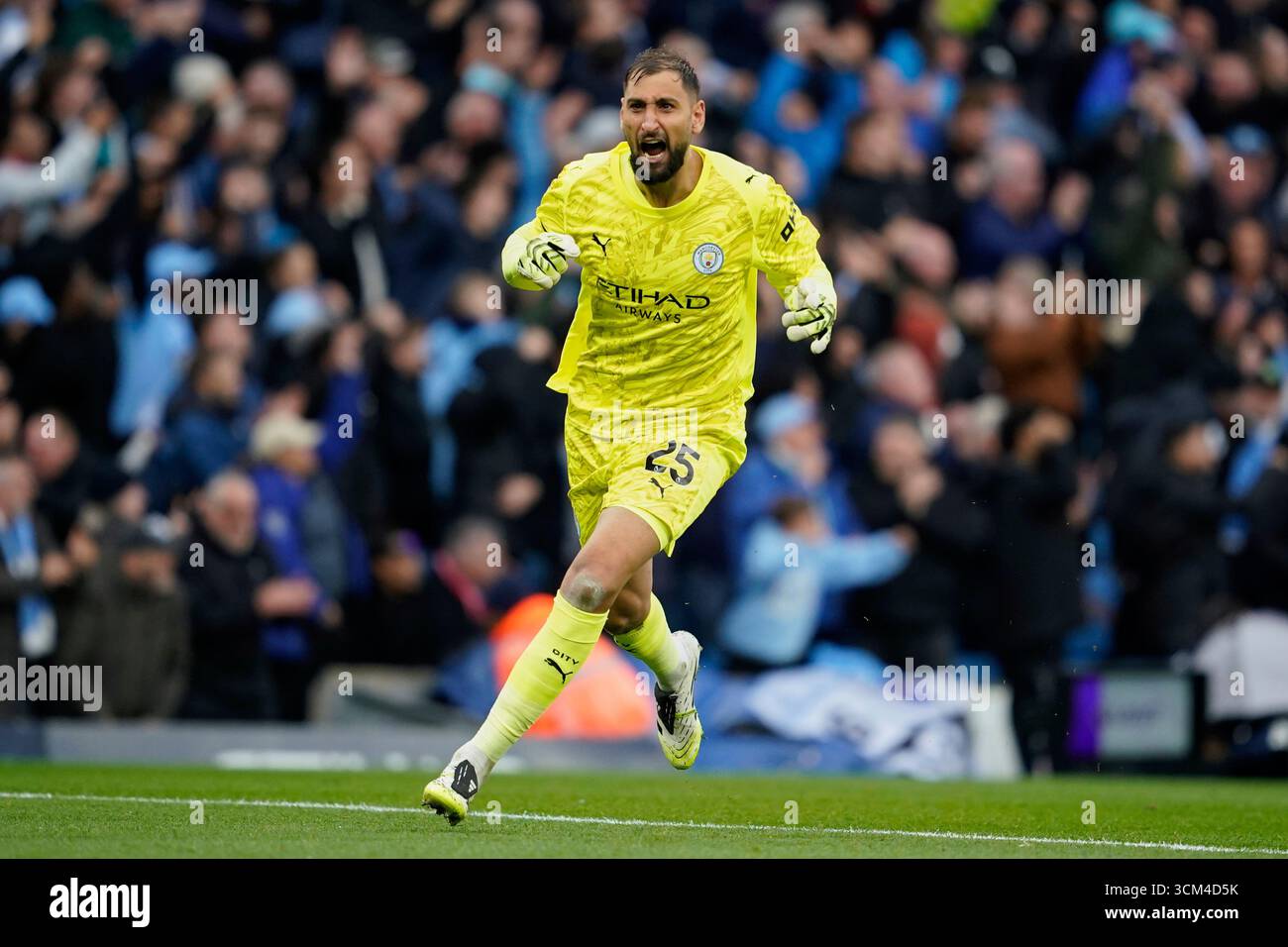Manchester City's goalkeeper Gianluigi Donnarumma reacts after a goal ...