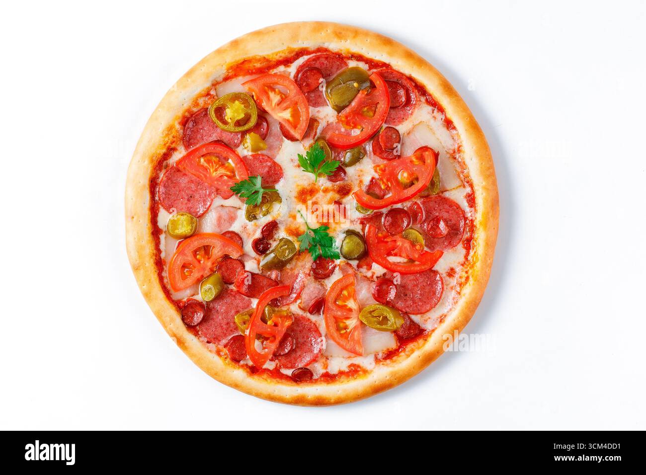 Round pepperoni pizza topped with sliced tomatoes, green jalapeno ...
