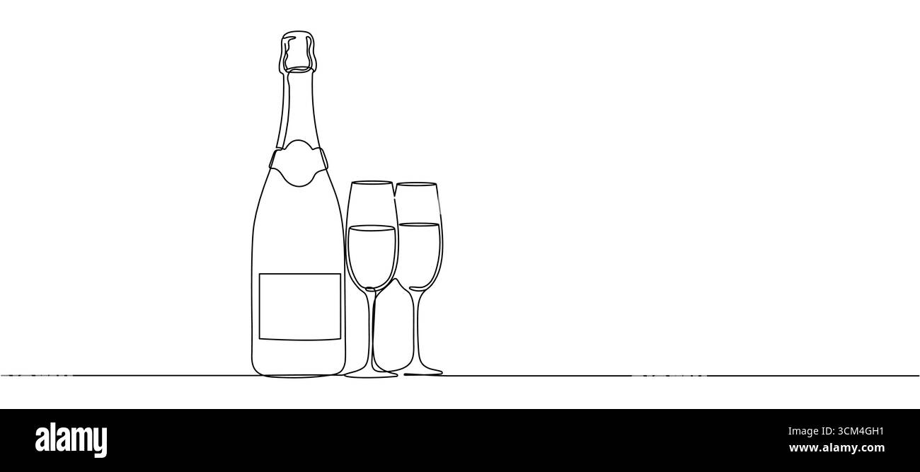 Continuous One line drawing of champagne and glasses. Editable stroke ...