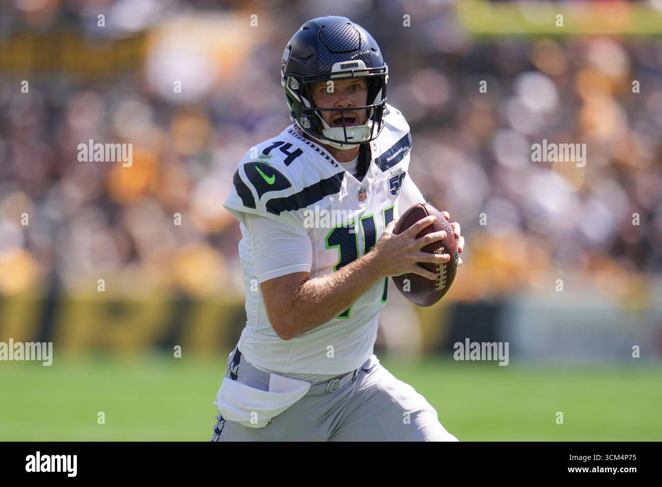 Seattle Seahawks quarterback Sam Darnold (14) looks to pass during the ...