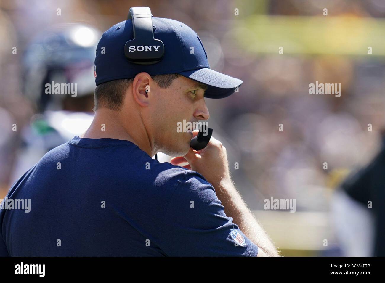 Seattle Seahawks head coach Mike Macdonald looks on from the sideline ...