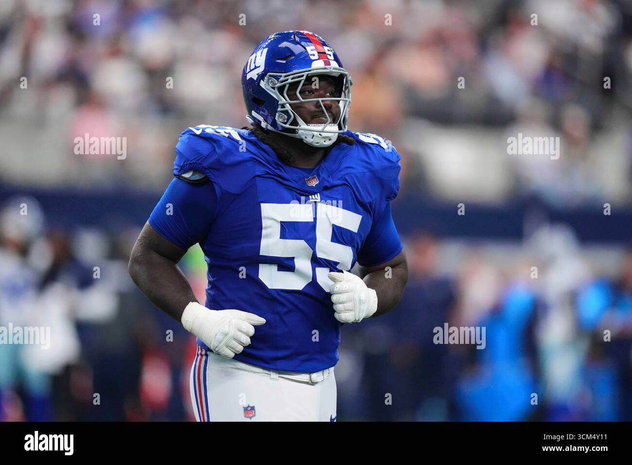 New York Giants' James Hudson III jogs off the field after a play in ...