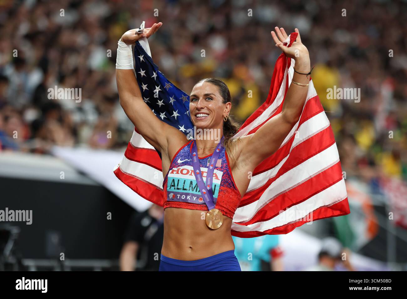 Valarie ALLMAN of United States celebrates winning the Women's Discus ...
