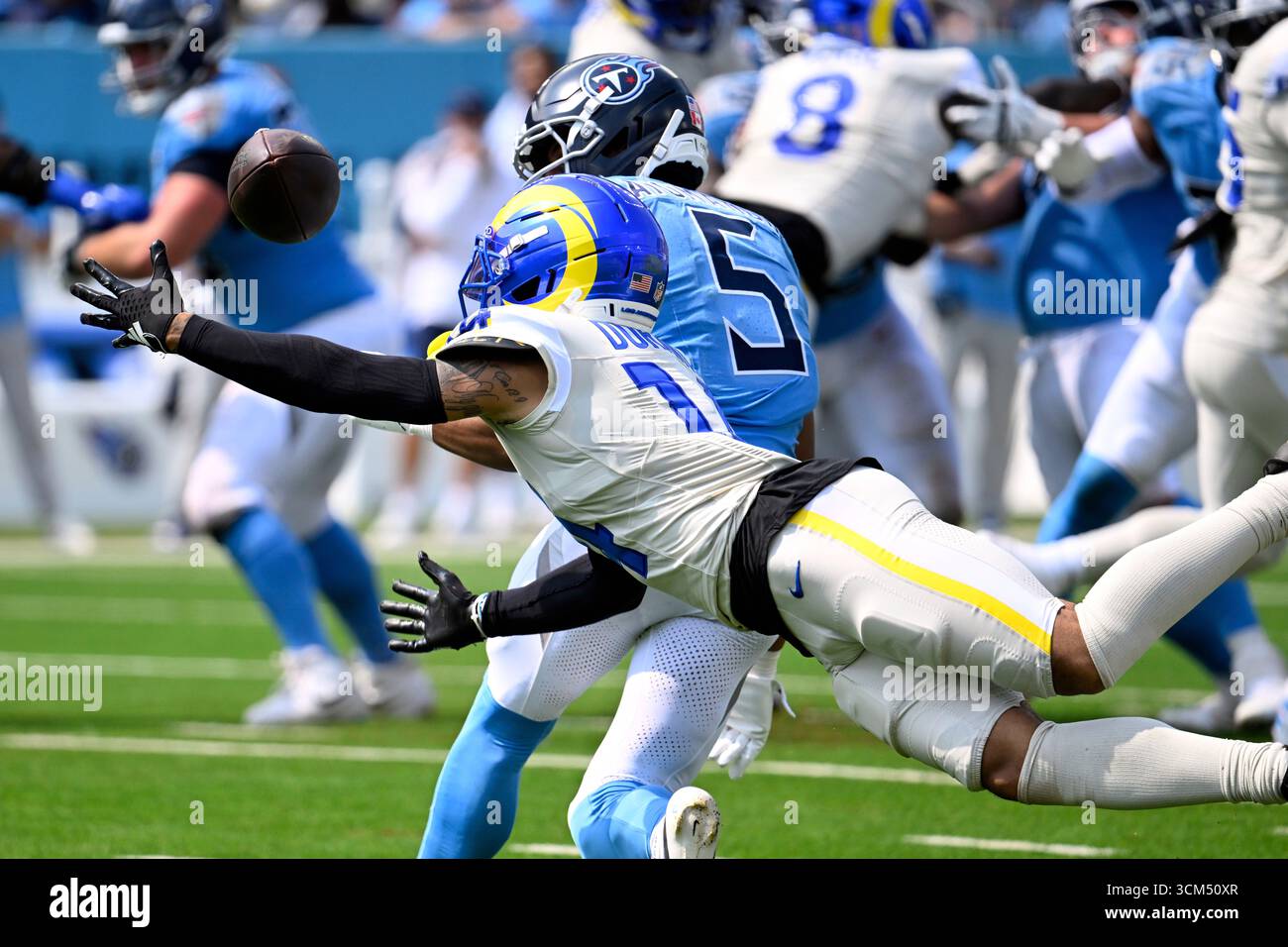 Los Angeles Rams cornerback Cobie Durant is unable to intercept a pass ...