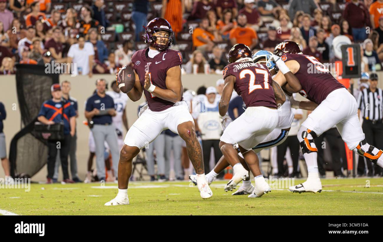 Virginia Tech quarterback Kyron Drones (1) steps back to pass against Old Dominion during the ...