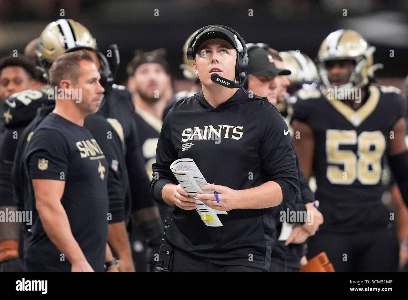 New Orleans Saints head coach Kellen Moore watches during the first ...