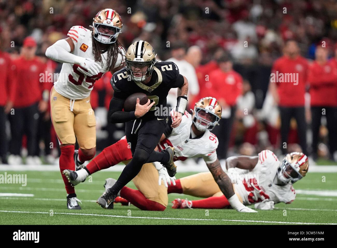 New Orleans Saints quarterback Spencer Rattler (2) runs against the San ...