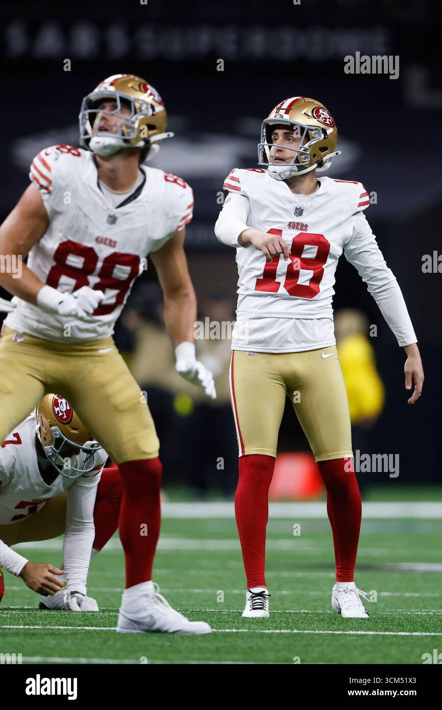 San Francisco 49ers kicker Eddy Piñeiro (18) watches his field goal ...