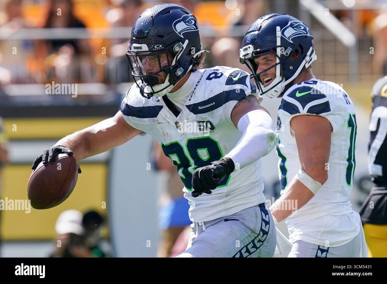 Seattle Seahawks tight end AJ Barner (88) celebrates after scoring a ...
