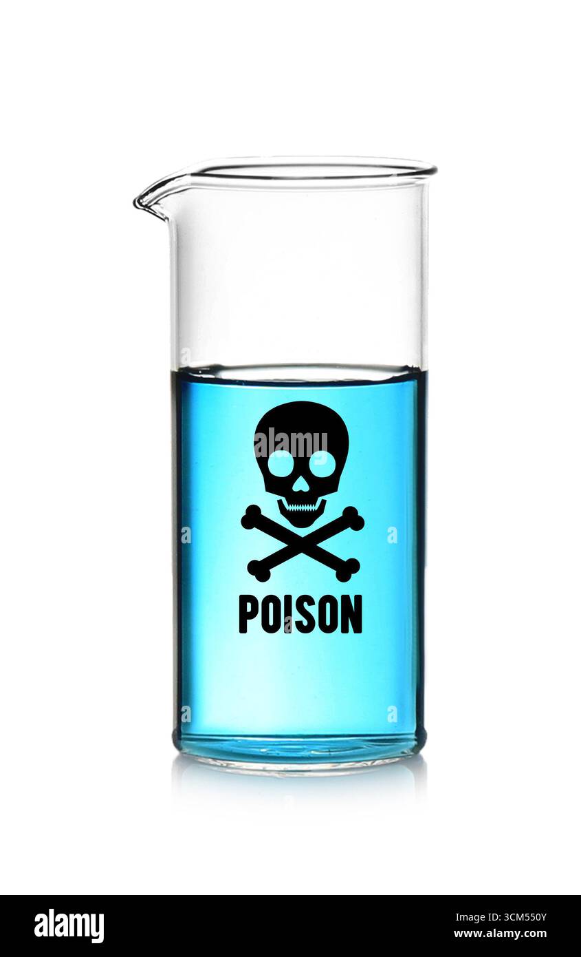 Poison warning symbol on glass beaker with blue liquid against white ...