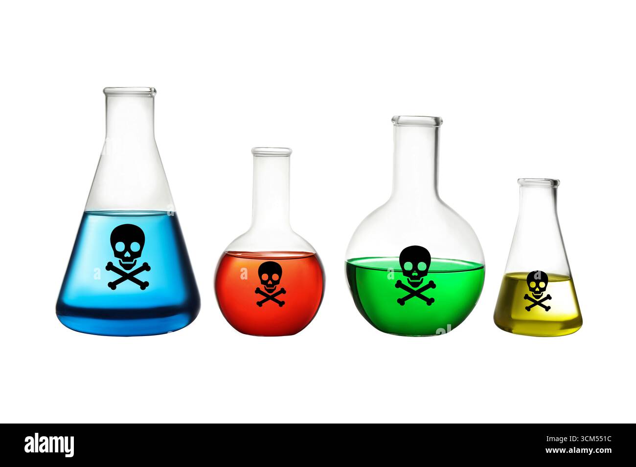 Poison warning symbols on glass flasks with liquids against white ...