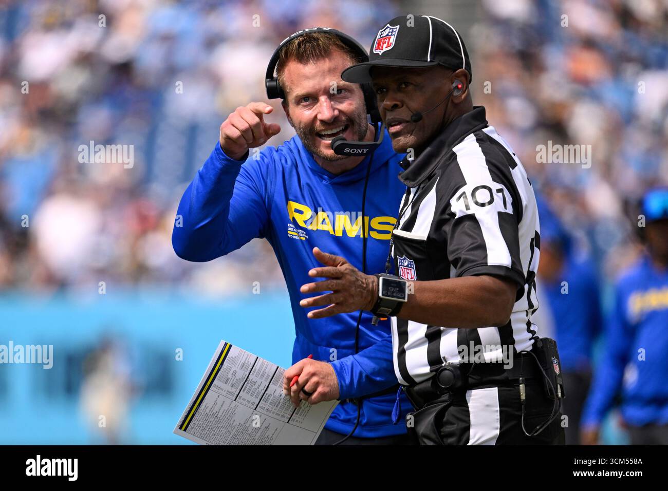 Los Angeles Rams head coach Sean McVay talks with an official during ...