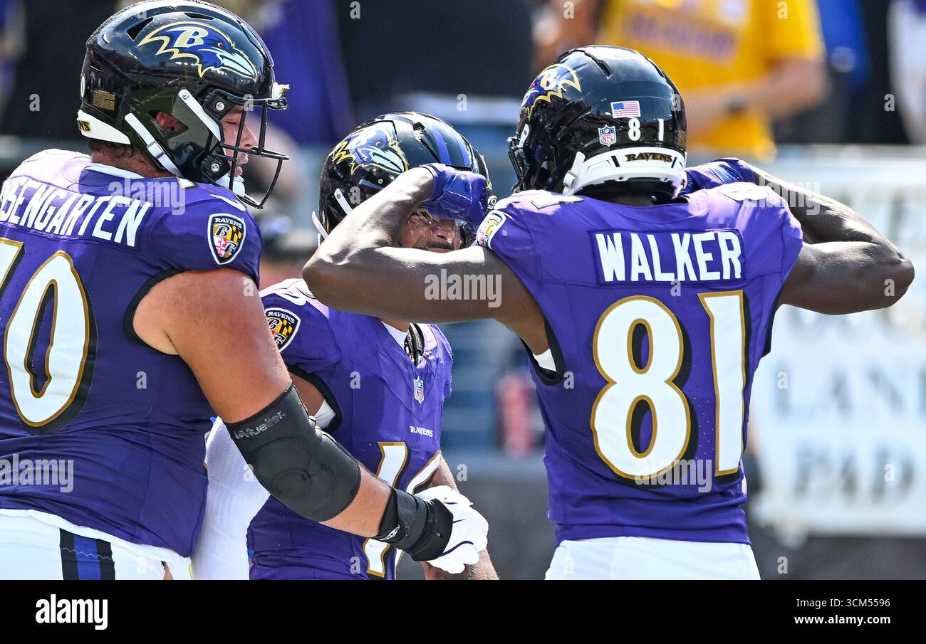 Baltimore Ravens wide receiver Tylan Wallace (16) scores on a 15 yard ...