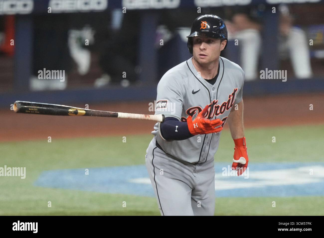 Detroit Tigers second baseman Colt Keith (33) throws his bat after he ...