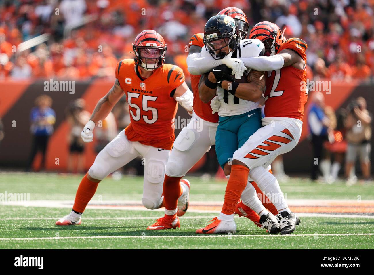 Jacksonville Jaguars wide receiver Parker Washington (11) is tackled ...