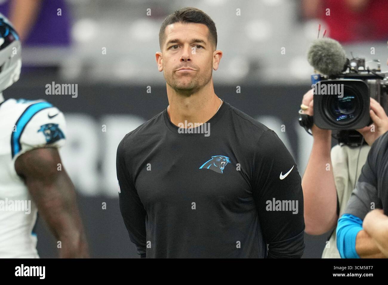 Carolina Panthers head coach Dave Canales watches warm ups prior to an ...