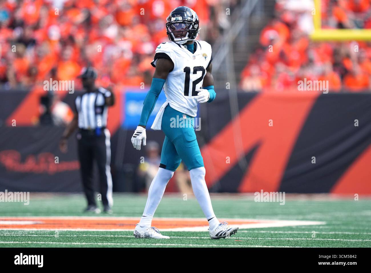 Jacksonville Jaguars wide receiver Travis Hunter (12) walks on the ...