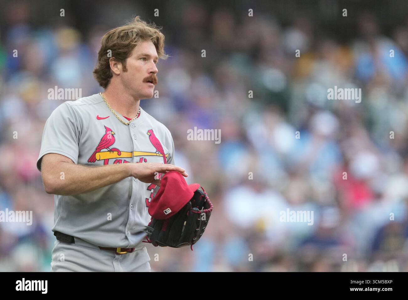 St. Louis Cardinals' Miles Mikolas looks on during the fifth inning of ...