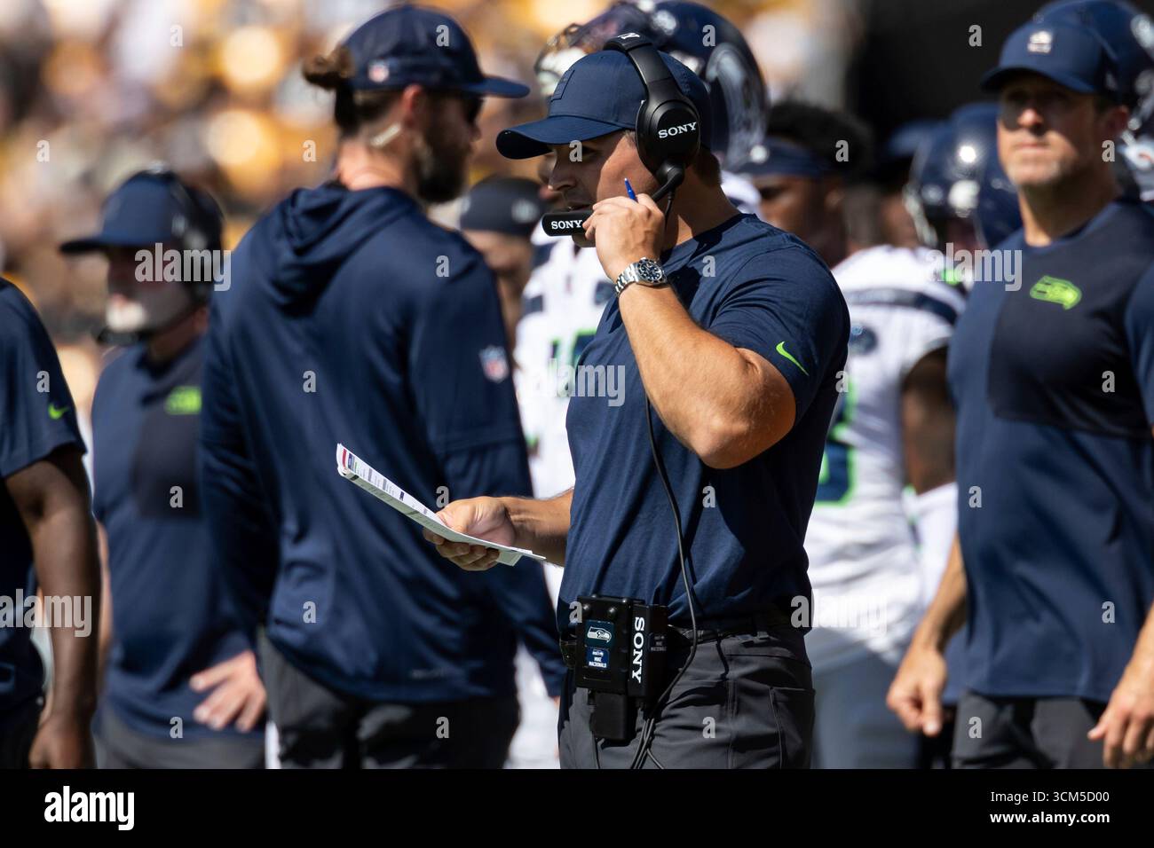 Seattle Seahawks Head Coach Mike Macdonald looks on during an NFL ...