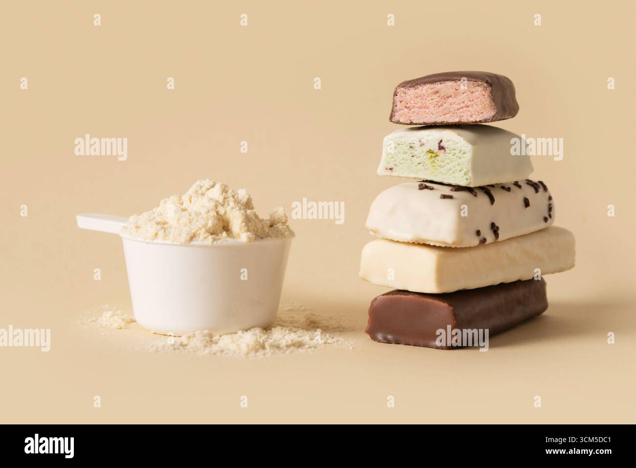 Different whey protein bars with various coatings and sprinkles scoop ...
