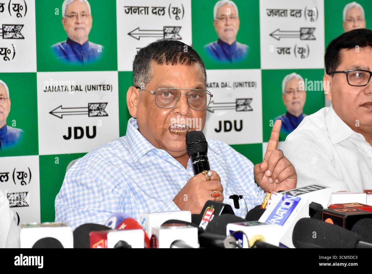 PATNA, INDIA - SEPTEMBER 14: JDU MLC Niraj Kumar addressing a press conference at JDU office on ...