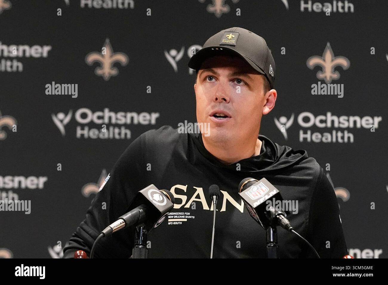 New Orleans Saints head coach Kellen Moore speaks at a news conference ...
