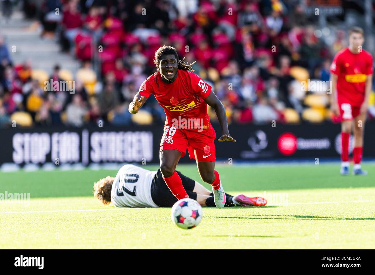 Farum, Denmark. 14th Sep, 2025. Caleb Yirenkyi (36) of FC Nordsjaelland ...