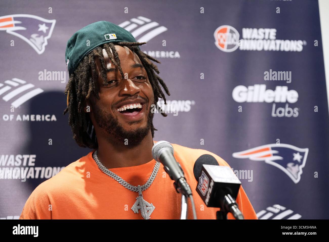 New England Patriots' Antonio Gibson talks after an NFL football game ...