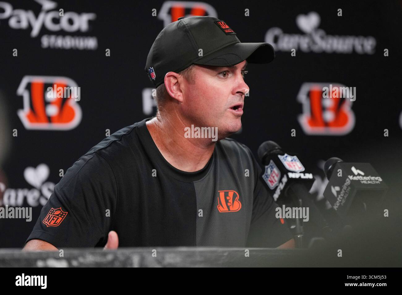 Cincinnati Bengals head coach Zac Taylor answers questions after an NFL ...