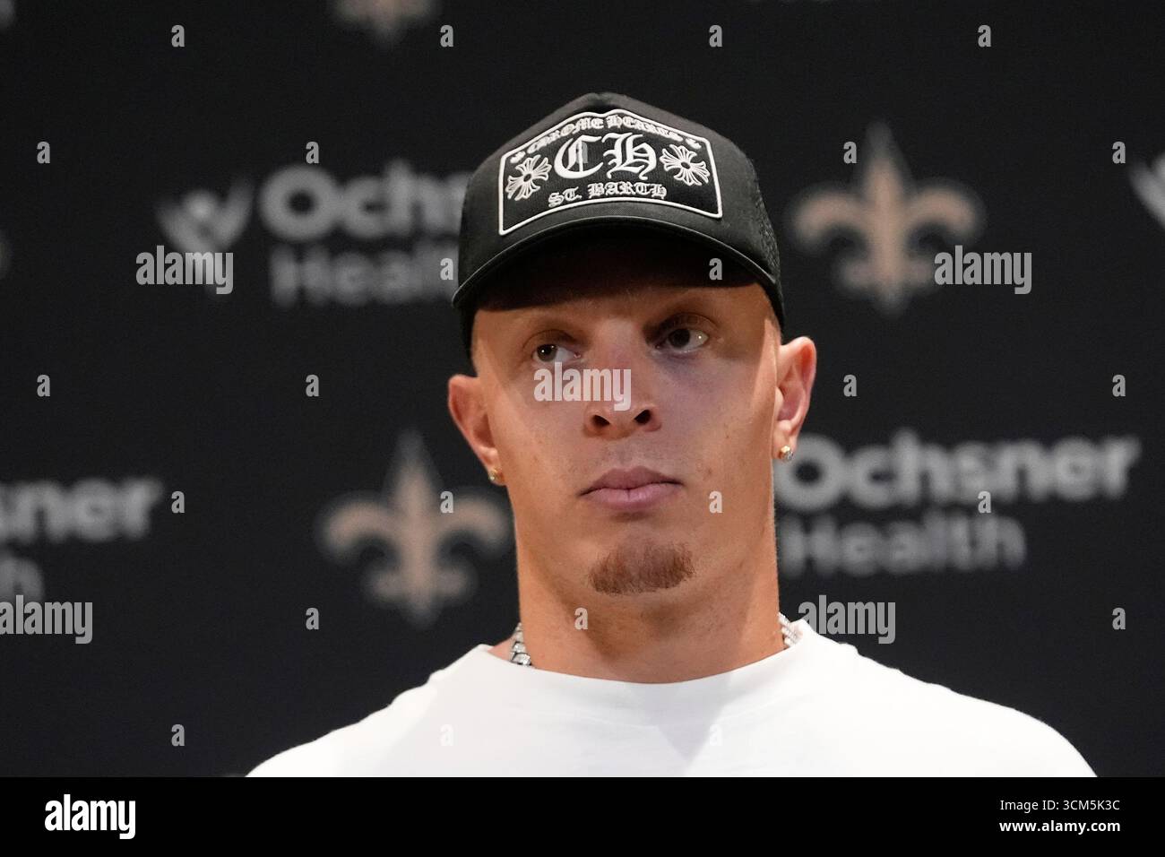 New Orleans Saints quarterback Spencer Rattler speaks at a news ...