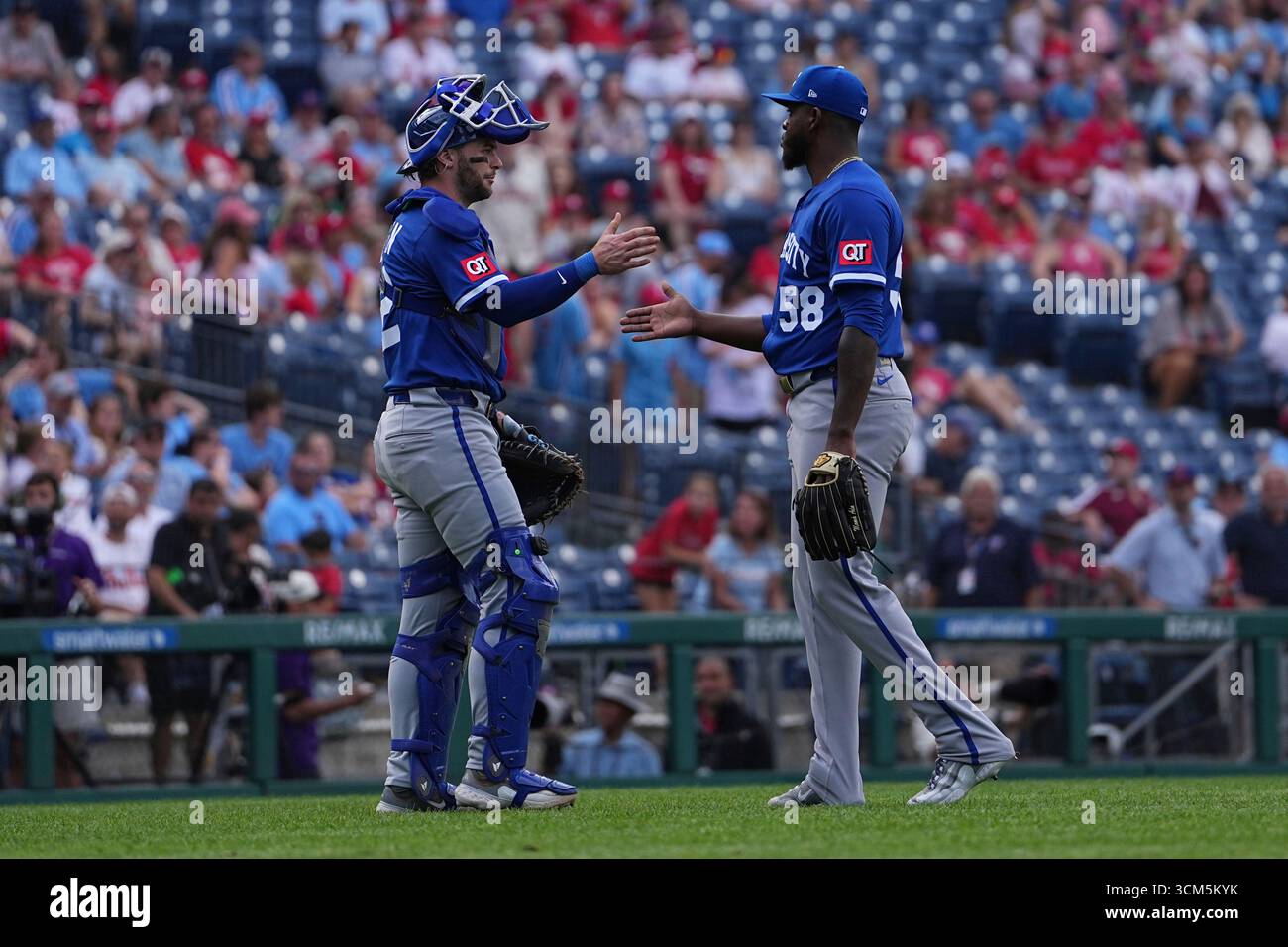 Kansas City Royals pitcher Luinder Avila (58) and catcher Carter Jensen ...