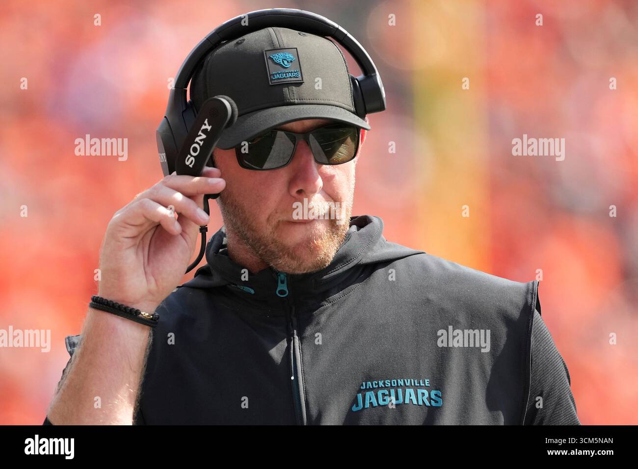 Jacksonville Jaguars head coach Liam Coen paces the sideline during an ...