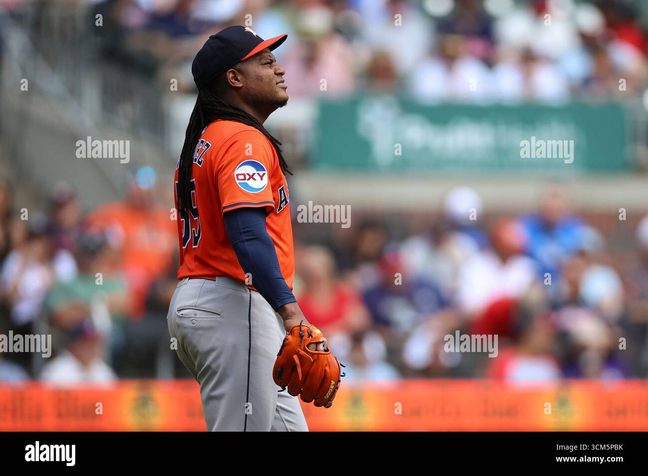 Houston Astros pitcher Framber Valdez reacts in the second inning of a baseball game against the ...