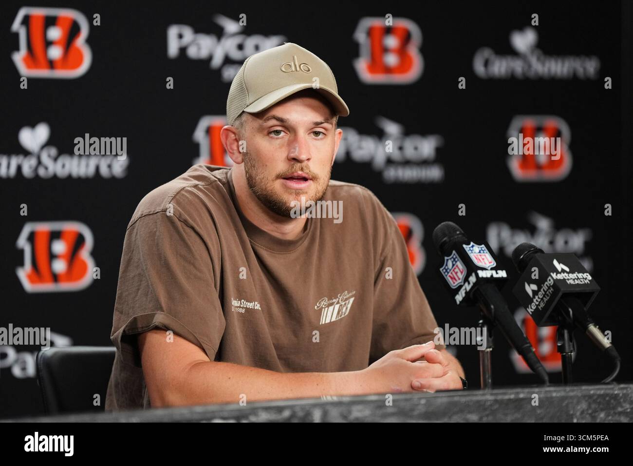 Cincinnati Bengals quarterback Jake Browning answers questions after an ...