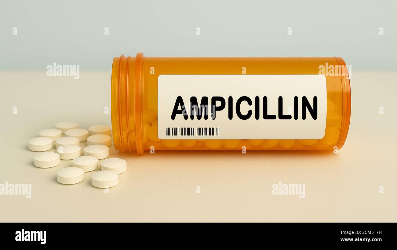 Box of AMPICILLIN tablets on a hospital pharmacy table used to treat ...